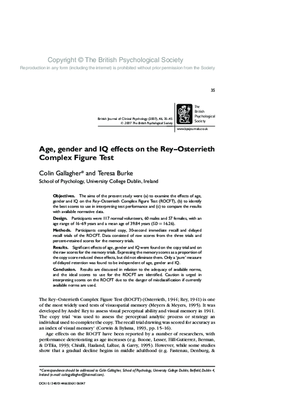 (PDF) Age, gender and IQ effects on the Rey-Osterrieth Complex Figure Test