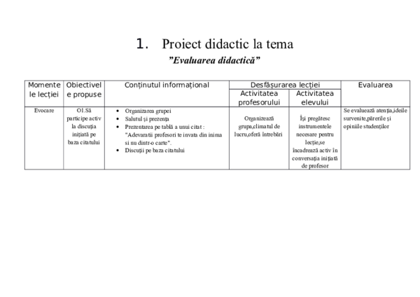 (DOC) Proiect didactic la tema ”Evaluarea”