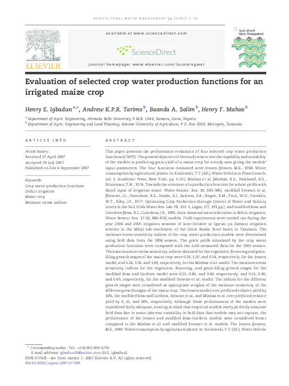 (PDF) Evaluation of selected crop water production functions for an ...