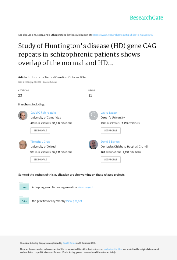 (PDF) Study of the Huntington's disease (HD) gene CAG repeats in ...