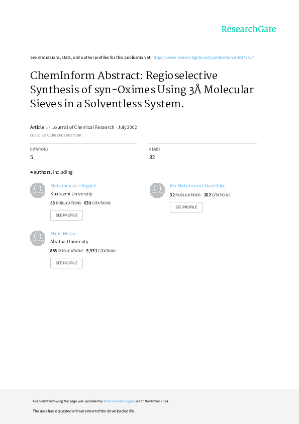(PDF) Regioselective synthesis of syn -oximes using 3Å molecular sieves ...