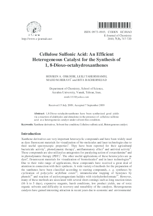 (PDF) Cellulose Sulfonic Acid: An Efficient Heterogeneous Catalyst for ...