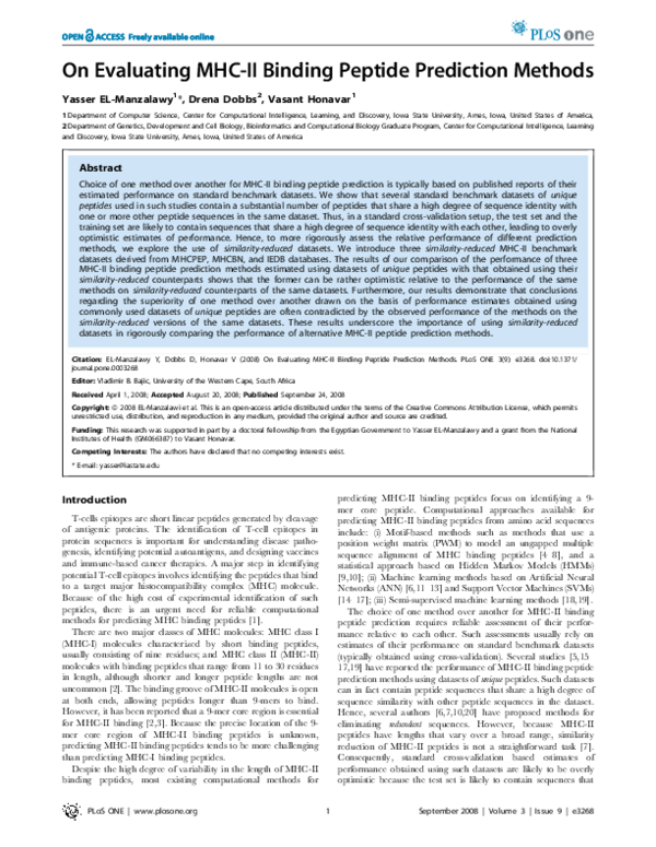 (PDF) On evaluating MHC-II binding peptide prediction methods