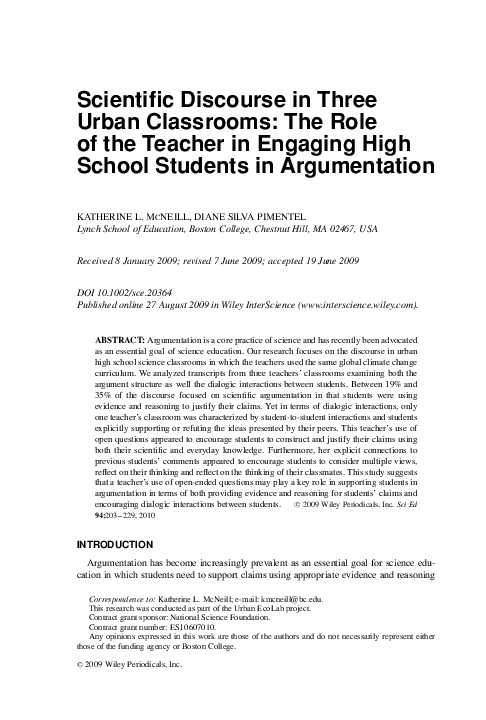 (PDF) Scientific discourse in three urban classrooms: The role of the ...