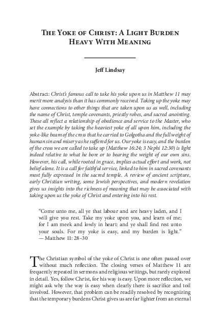 (PDF) The Yoke of Christ: A Light Burden Heavy With Meaning