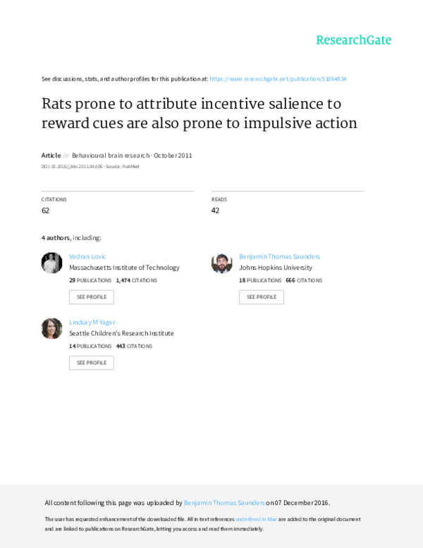 (PDF) Rats prone to attribute incentive salience to reward cues are ...