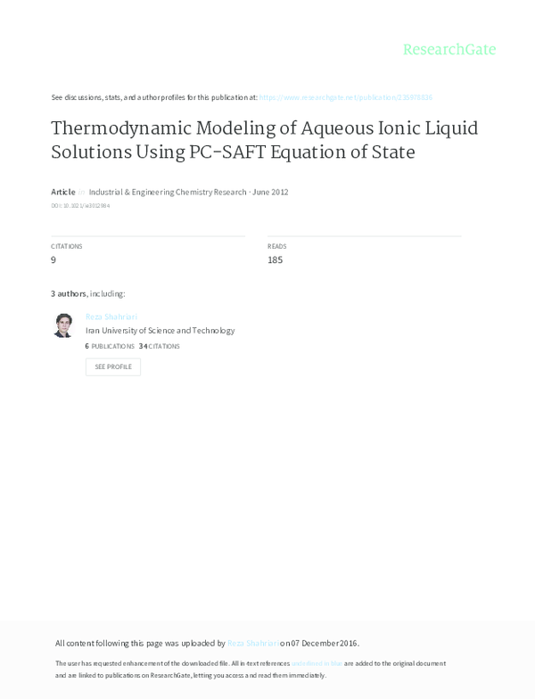 (PDF) Thermodynamic modeling of aqueous ionic liquid solutions using PC-SAFT equation of state