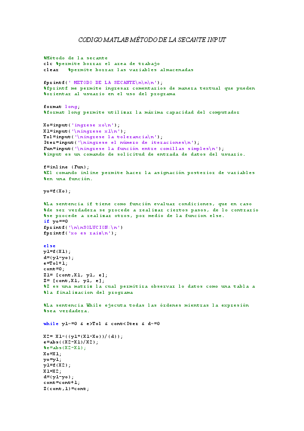 (PDF) CODIGO MATLAB MÉTODO DE LA SECANTE INPUT