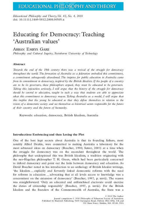 (PDF) Educating for Democracy: Teaching 'Australian values'