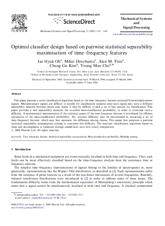 Pdf Optimal Classifier Design Based On Pairwise Statistical Separability Maximisation Of Time
