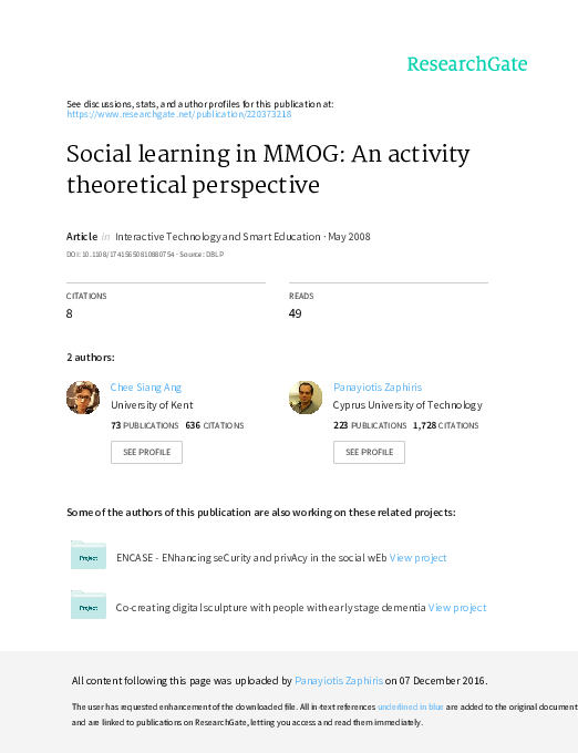 (PDF) Social learning in MMOG: an activity theoretical perspective