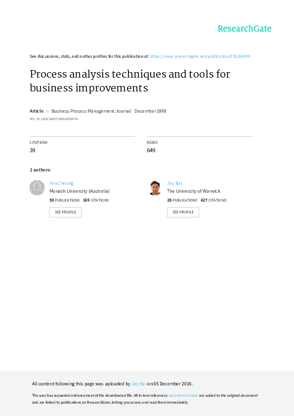 (PDF) Process analysis techniques and tools for business improvements
