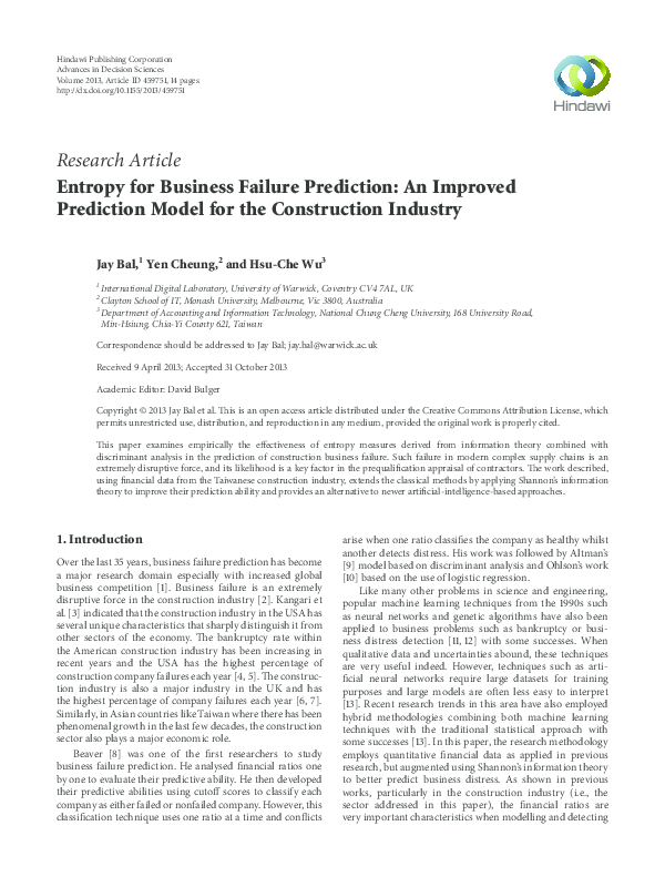 (PDF) Entropy for Business Failure Prediction: An Improved Prediction Model for the Construction ...