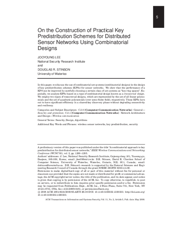 Pdf On The Construction Of Practical Key Predistribution Schemes For Distributed Sensor