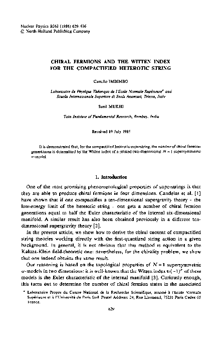 (PDF) Chiral fermions and the witten index for the compactified heterotic string