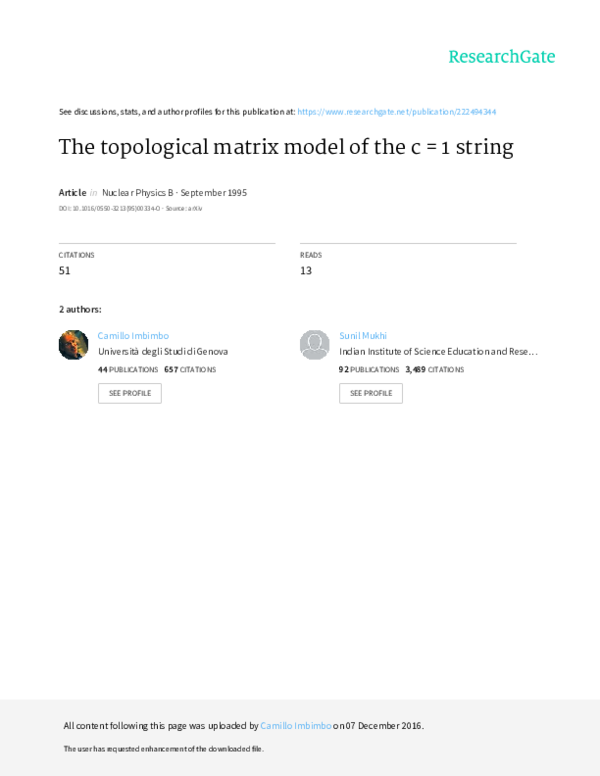 (PDF) The topological matrix model of the c = 1 string