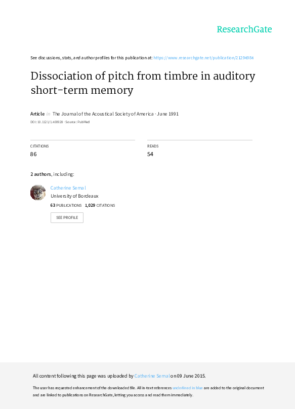 (PDF) Dissociation of pitch from timbre in auditory short-term memory
