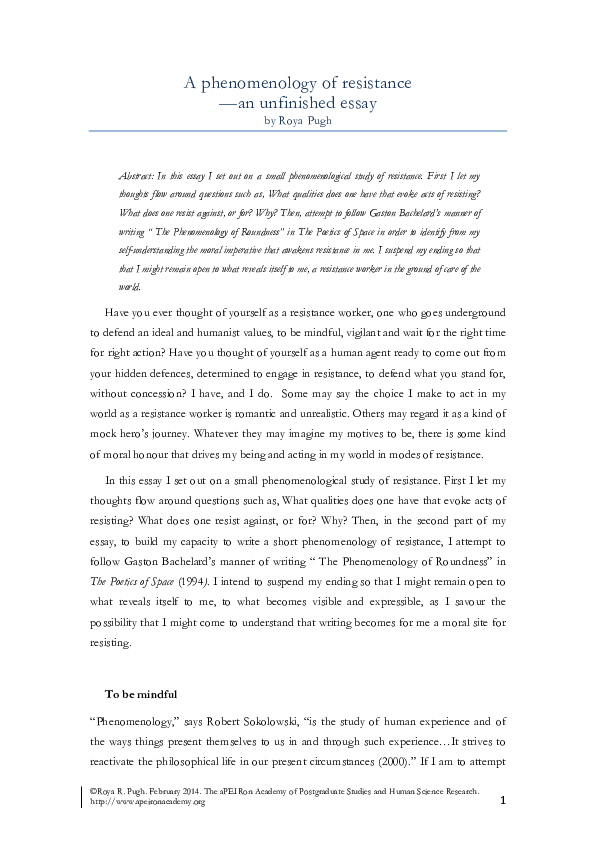 (PDF) A phenomenology of resistance —an unfinished essay