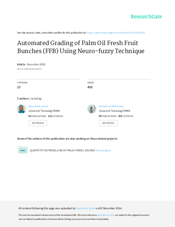 (PDF) Automated Grading of Palm Oil Fresh Bunches (FFB) using Neuro ...