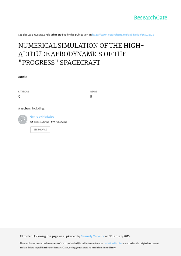 Pdf Numerical Simulation Of The High Altitude Aerodynamics Of The Progress Spacecraft