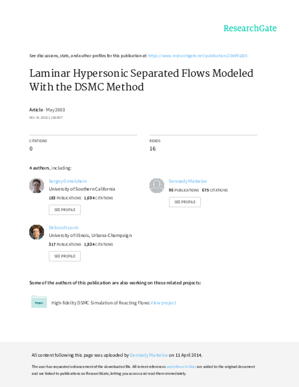 (PDF) Laminar Hypersonic Separated Flows Modeled With the DSMC Method ...