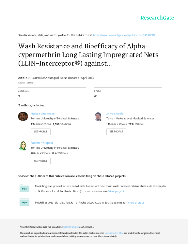 (PDF) Wash Resistance and Bioefficacy of Alpha-cypermethrin Long ...