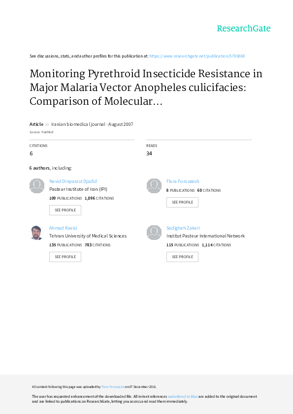 (PDF) Monitoring pyrethroid insecticide resistance in major malaria vector Anopheles ...