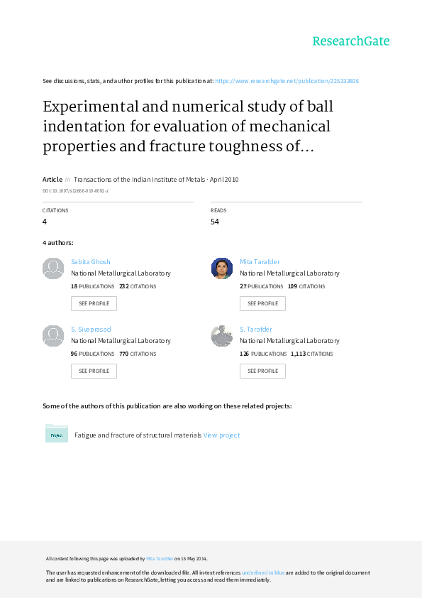 (PDF) Experimental and numerical study of ball indentation for evaluation of mechanical ...
