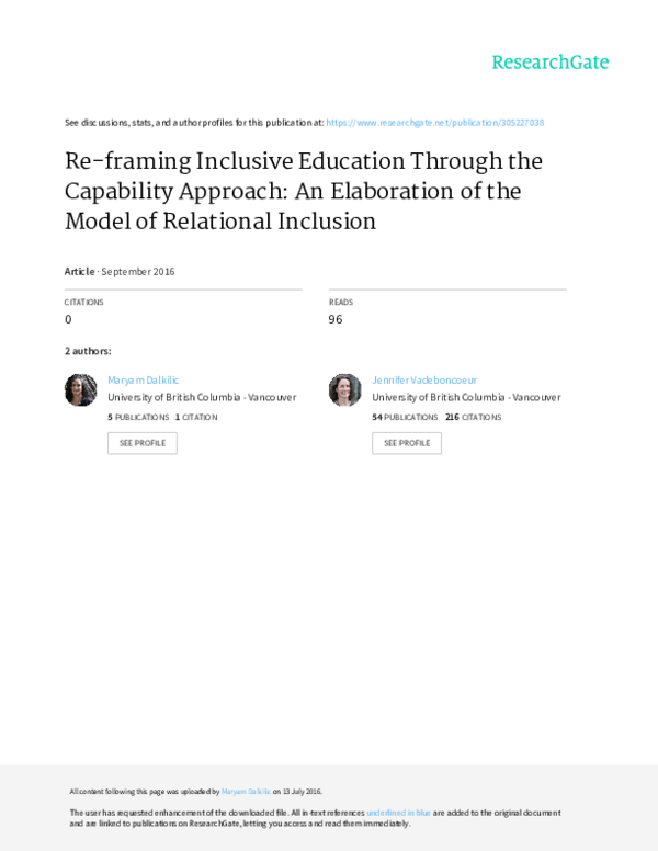 (PDF) Re-framing Inclusive Education Through the Capability Approach ...