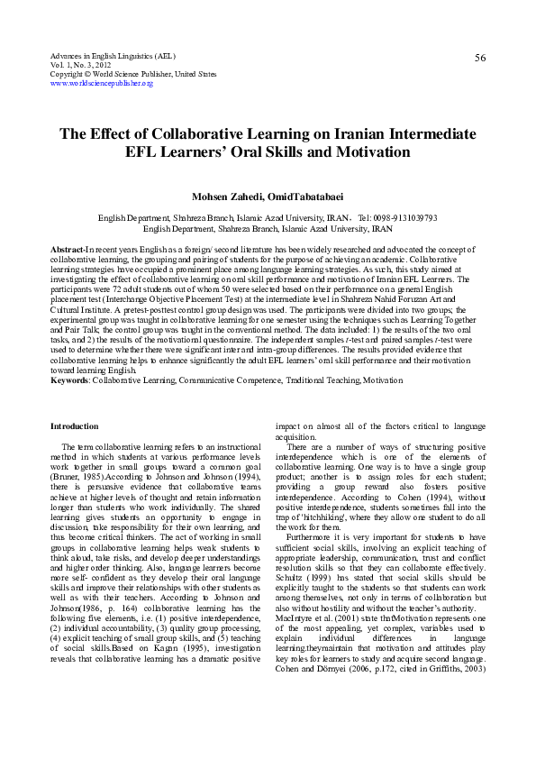 Pdf The Effect Of Collaborative Learning On Iranian Intermediate Efl Learners Oral Skills And