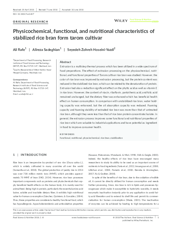 (PDF) Physicochemical, functional, and nutritional characteristics of stabilized rice bran form ...
