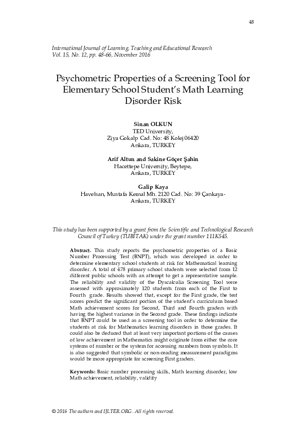 (PDF) Psychometric Properties of a Screening Tool for Elementary School ...