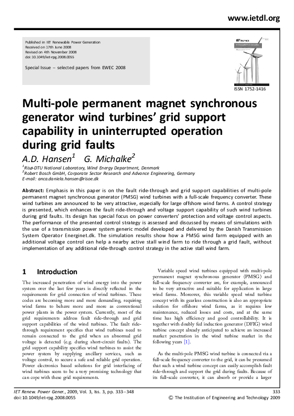Pdf Multi Pole Permanent Magnet Synchronous Generator Wind Turbines Grid Support Capability