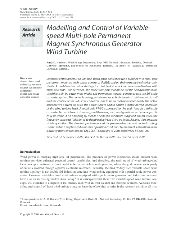Pdf Modelling And Control Of Variable‐speed Multi‐pole Permanent Magnet Synchronous Generator