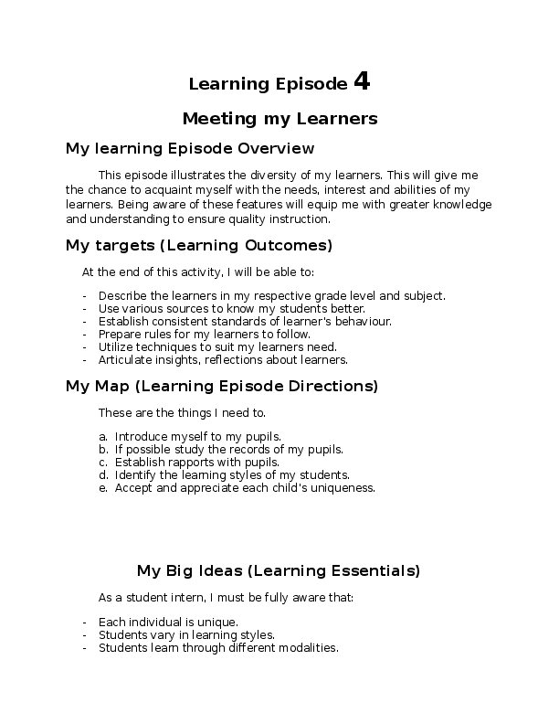 (DOC) Learning Episode 4 Meeting my Learners My learning Episode Overview