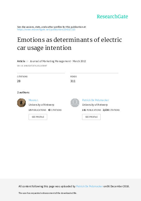 (PDF) Emotions as determinants of electric car usage intention