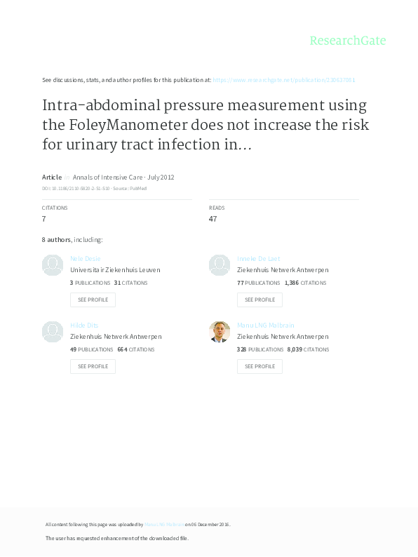 (PDF) Intra-abdominal pressure measurement using the FoleyManometer ...