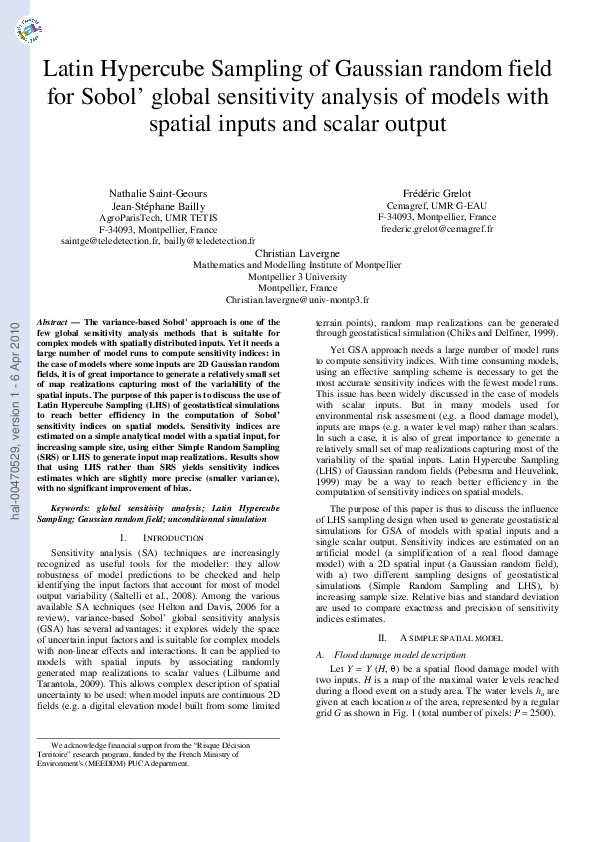 (PDF) Latin Hypercube Sampling of Gaussian random field for Sobol' global sensitivity analysis ...