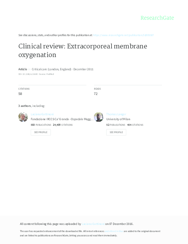 (PDF) Clinical review: Extracorporeal membrane oxygenation