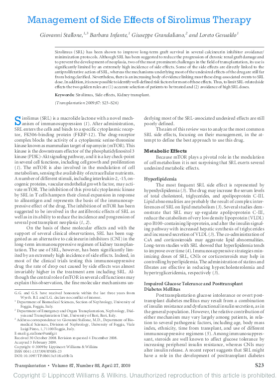 (PDF) Management of Side Effects of Sirolimus Therapy