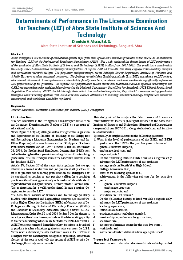 (PDF) Determinants of Performance in The Licensure Examination for ...