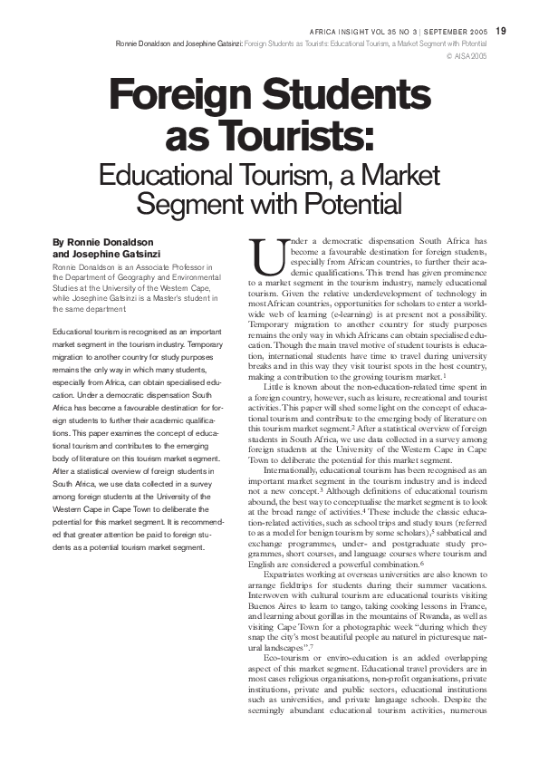 (PDF) Foreign students as tourists: educational tourism, a market ...