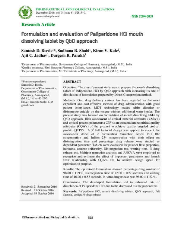 Pdf Formulation And Evaluation Of Paliperidone Hcl Mouth Dissolving Tablet By Qbd Approach