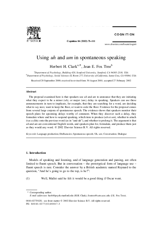 (PDF) Using uh and um in spontaneous speaking