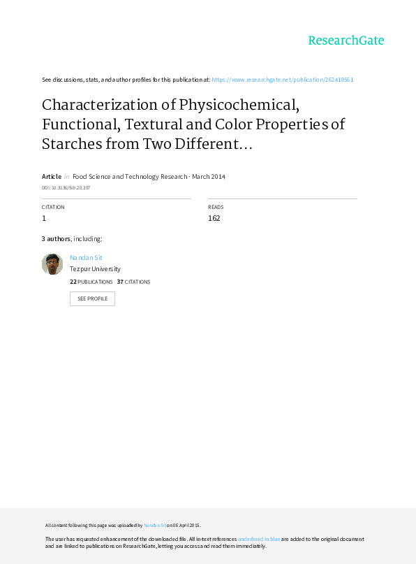 (PDF) Characterization of Physicochemical, Functional, Textural and Color Properties of Starches ...