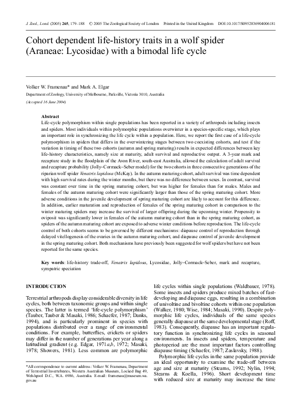 (PDF) Cohort dependent life‐history traits in a wolf spider (Araneae ...