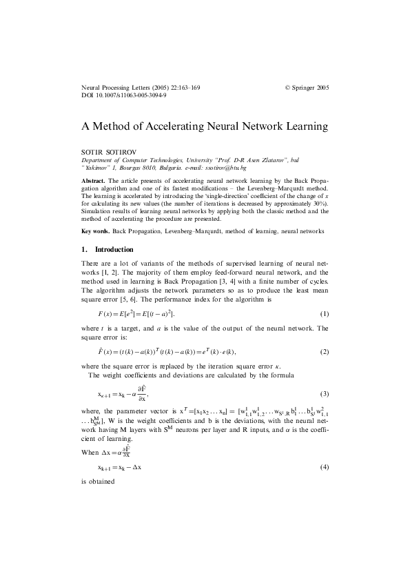 Pdf A Method Of Accelerating Neural Network Learning