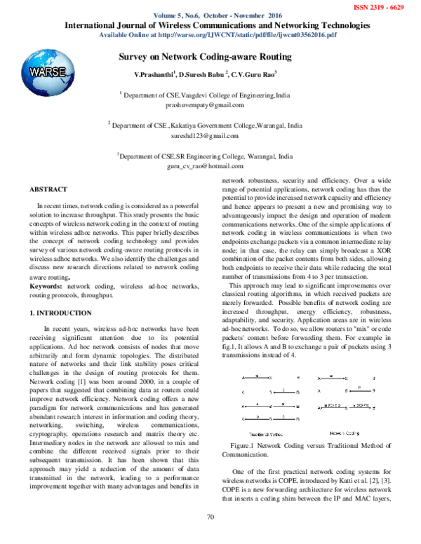 Pdf Survey On Network Coding Aware Routing Warse The World Academy