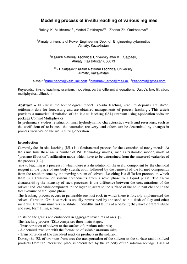 (PDF) Modeling process of in-situ leaching of various regimes