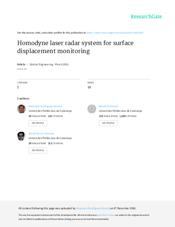 (PDF) Homodyne laser radar system for surface displacement monitoring